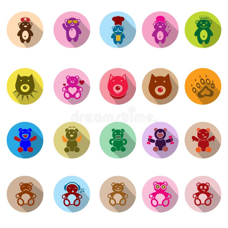 Teddy Bear Icons Set with Long Shadow. Stock Illustration ...