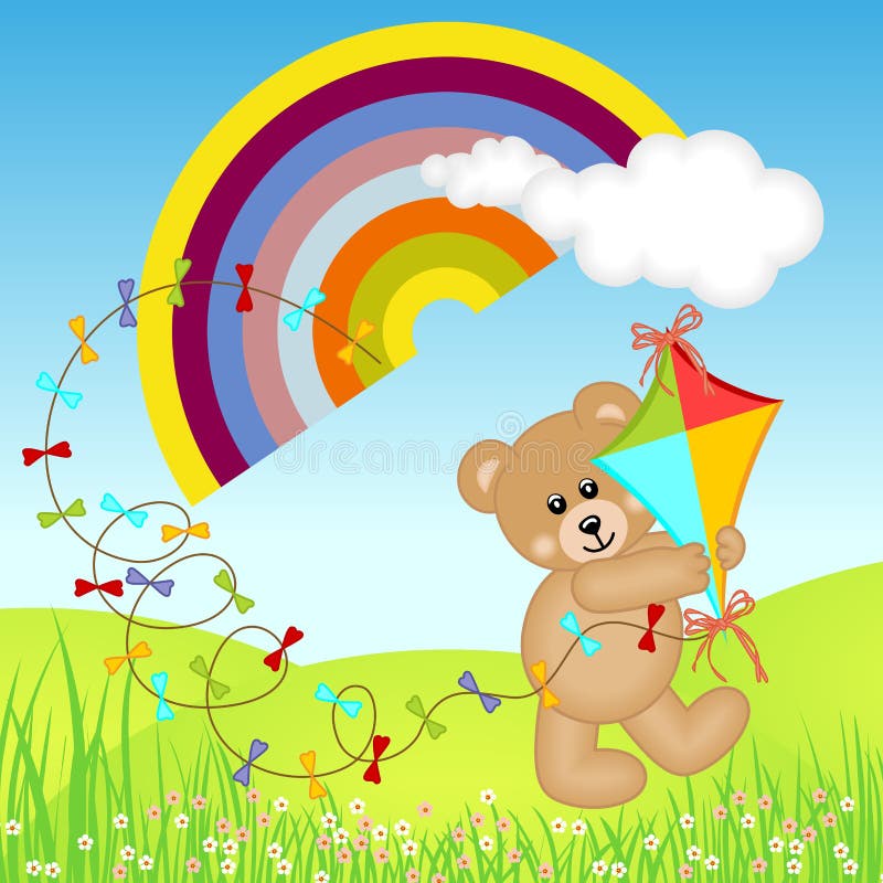 Teddy Bear with Kite Wind on Rainbow Stock Vector - Illustration of ...