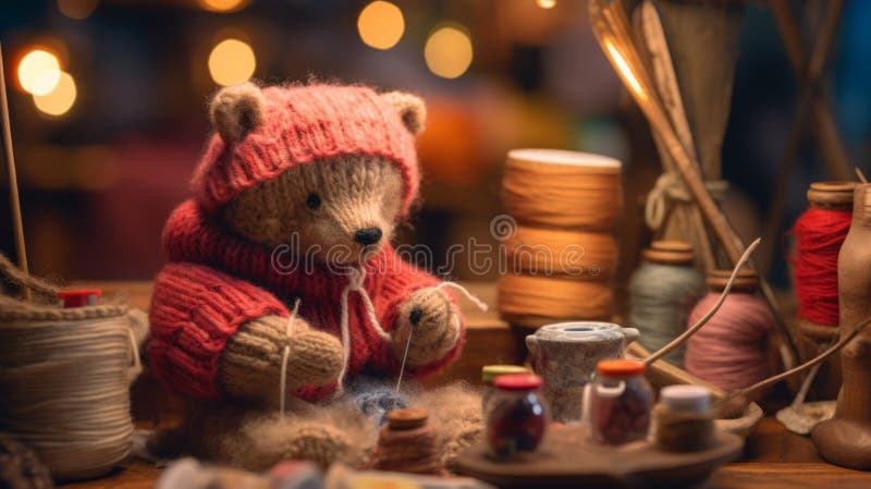 Teddy Bear Knitting with Wool and Sewing Accessories on Table Profitable Side Hustle Stock Image ...