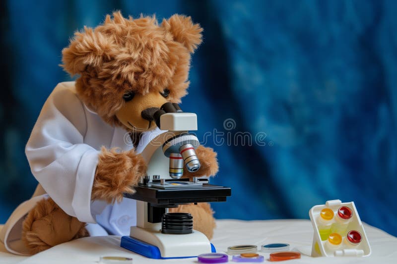 Teddy Bear in a Lab Coat Looking through a Toy Microscope with Slides ...