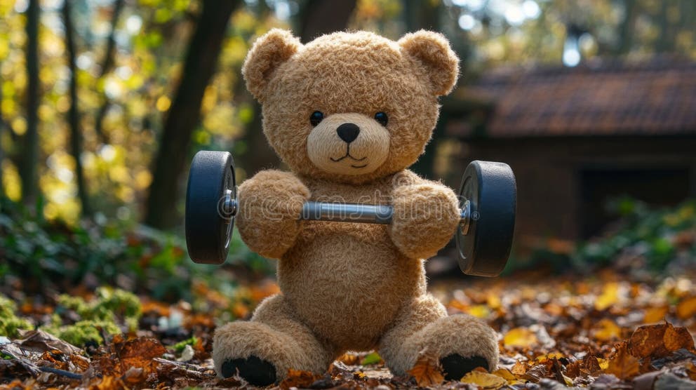Teddy Bear Lifting Weights in Autumn Woods Stock Illustration ...
