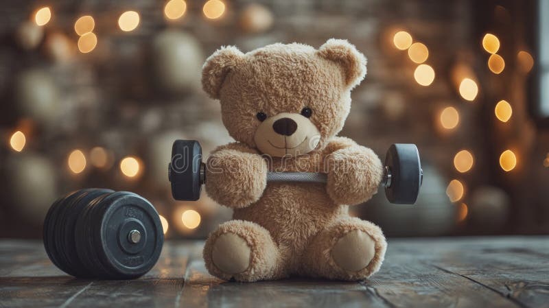 Teddy Bear Lifting Weights with Festive Lights Stock Illustration ...