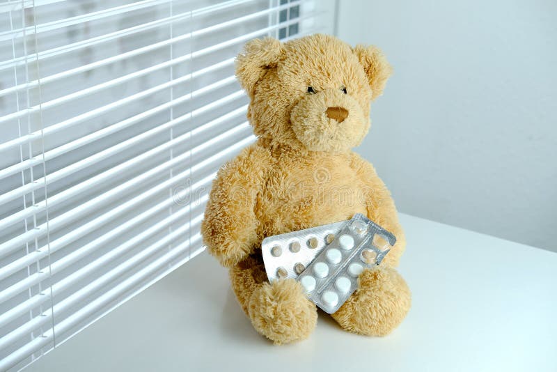 Teddy Bear, Medications, White Pills in a Blister, Against the ...