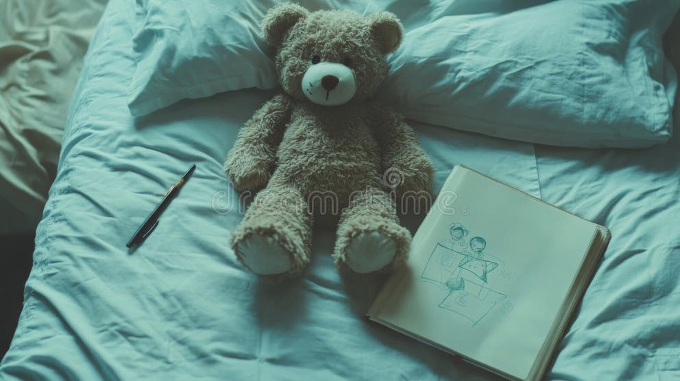 Teddy Bear and Notepad on White Bed in Low Light Setup for a Dramatic Image Stock Illustration ...