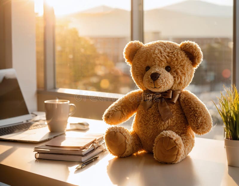 Teddy bear on office desk stock illustration. Illustration of office ...