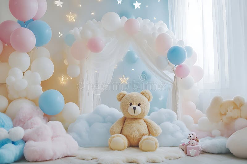 Teddy Bear in Pastel Balloon & Cloud Room Stock Illustration - Illustration of studio, room ...