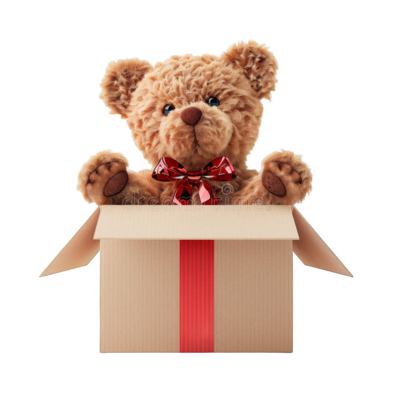 Teddy Bear Peeking Out of Cardboard Box with Red Ribbon Stock ...