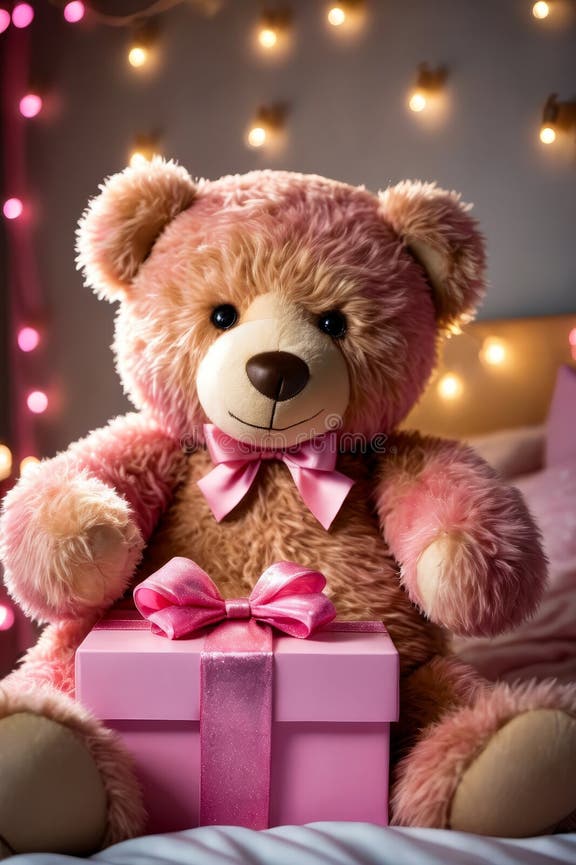 Teddy Bear with Pink Bow Sitting in Front of Present with Ribbon on it ...