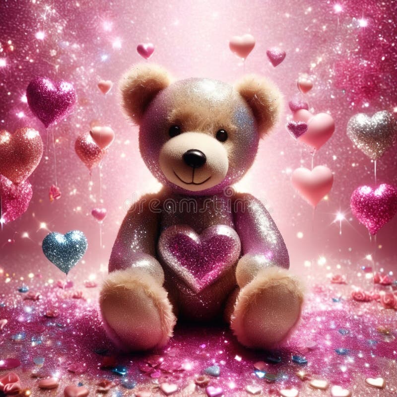 Teddy Bear with Pink Heart, Sparkling Glitter Effect Stock Illustration ...