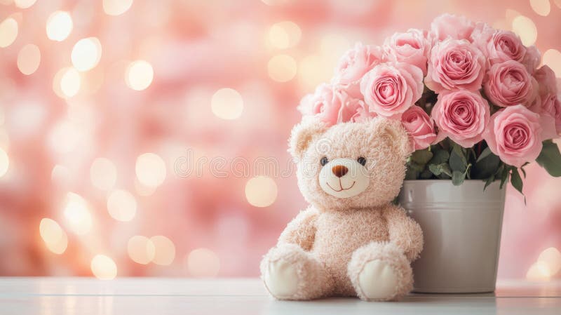 Teddy Bear and Pink Roses Romantic Setting Stock Illustration ...