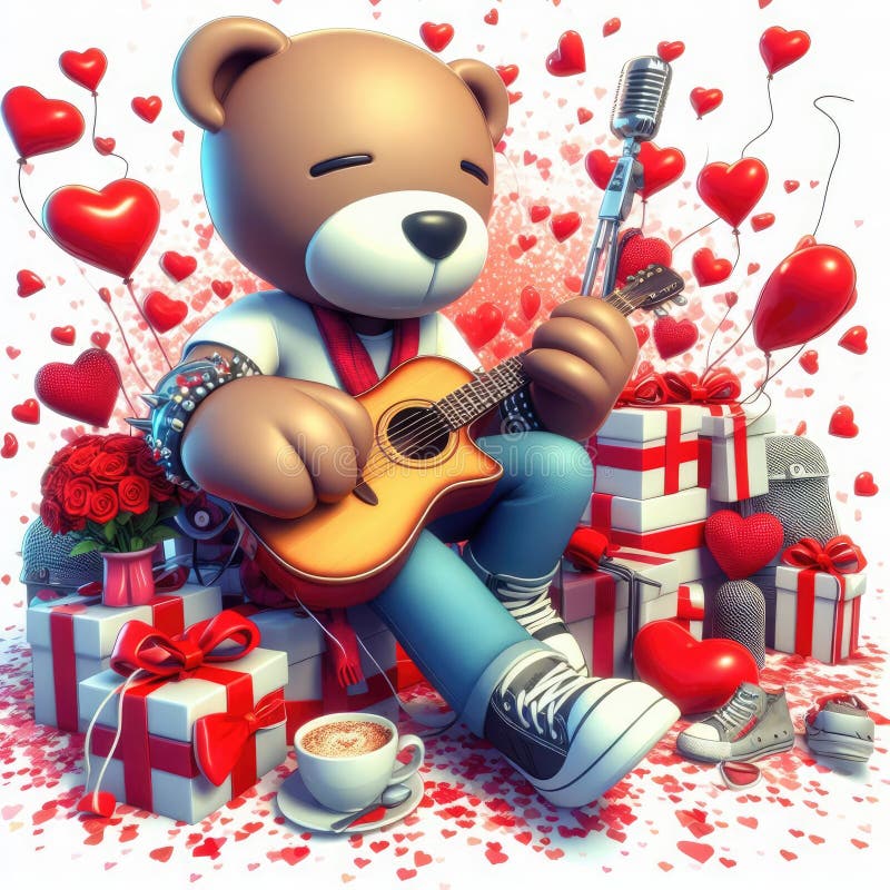 Teddy Bear Playing Guitar with Hearts Stock Illustration - Illustration ...