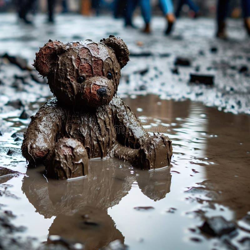 Teddy Bear in a Puddle in the Rain. Stock Illustration - Illustration ...