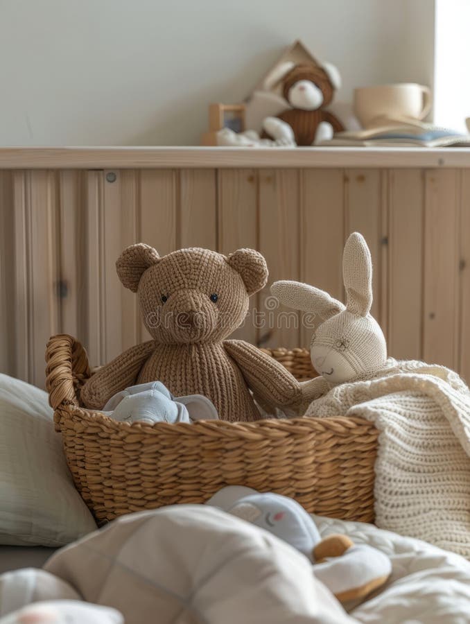 Teddy Bear and Rabbit Stuffed Animals in a Basket in a Cozy Nursery ...