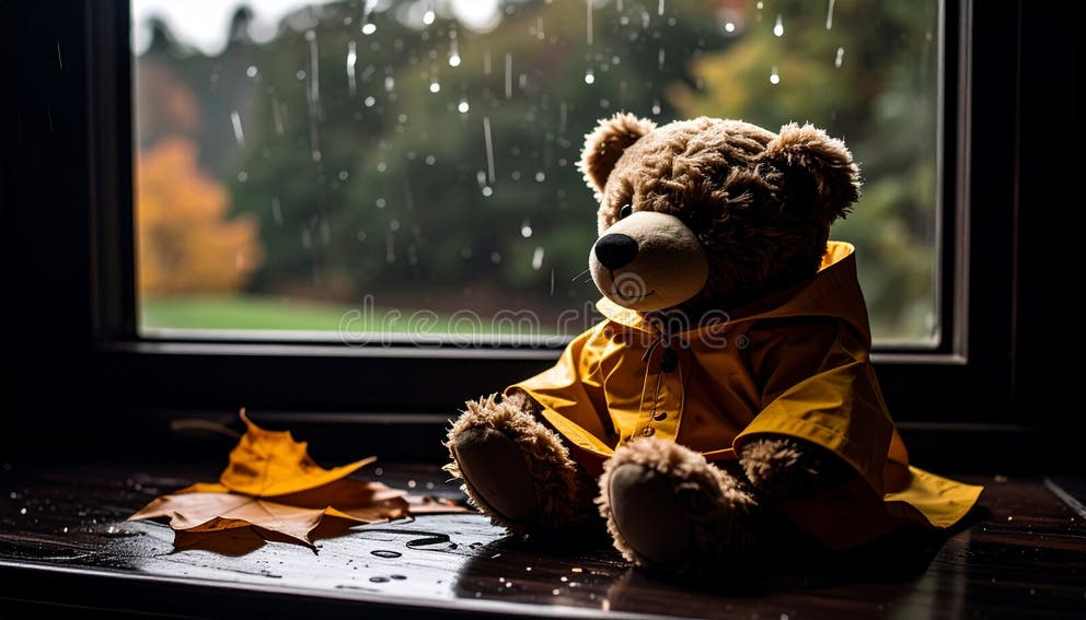 Teddy Bear in Raincoat by Window. Teddy Bear Concept. Generated Image ...