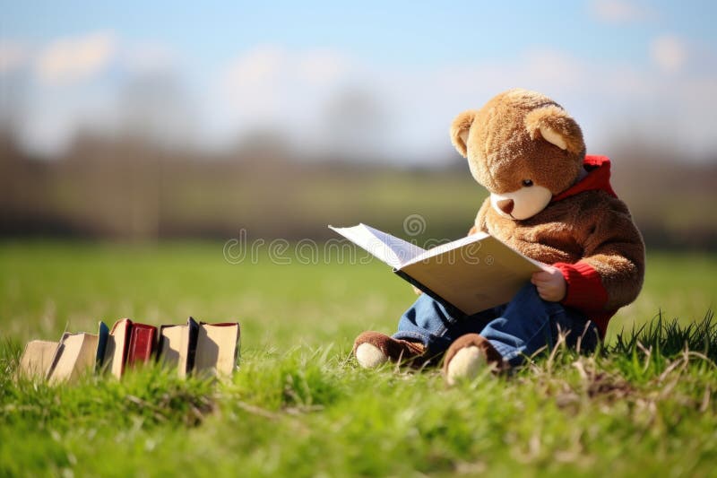 Teddy Bear Reading Book on Green Grass, AI Stock Image - Image of color ...