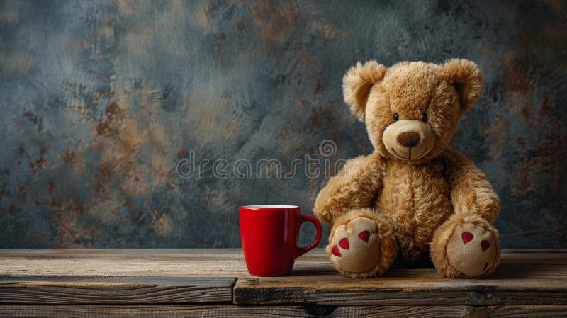 Teddy Bear with Red Coffee Cup on Wooden Table Alone Stock Photo ...