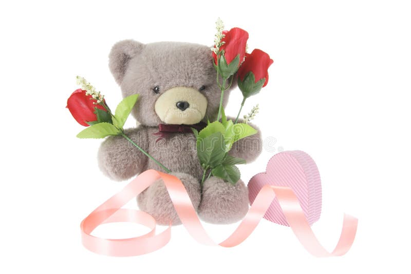 Cuddling Teddy Bear Holding Flowers