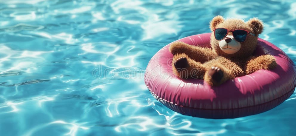 Teddy Bear Relaxing in Pool on Inflatable Ring Wearing Sunglasses, Copy ...