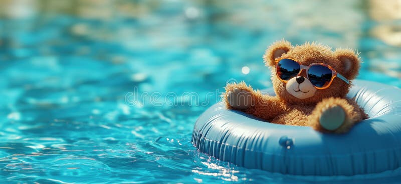 Teddy Bear Relaxing in Pool on Inflatable Ring Wearing Sunglasses, Copy ...