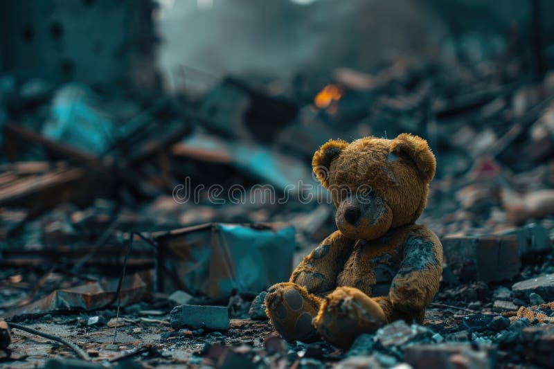 Teddy Bear in Rubble stock photo. Image of destruction - 382348216