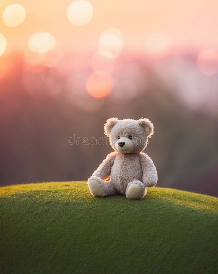 A Teddy Bear Sits on Grass at Sunset in Warm Sunlight. Stock Image ...