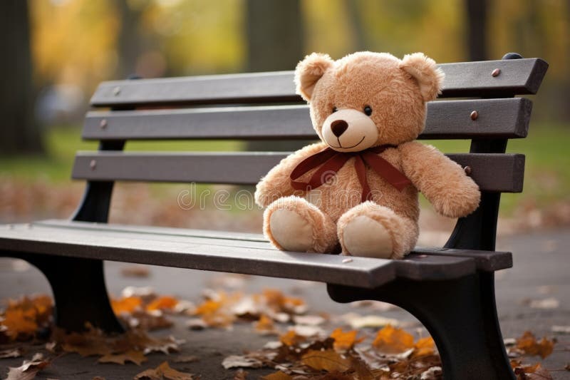A Teddy Bear Sitting Alone on a Park Bench Stock Image - Image of ...