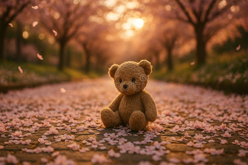 Teddy Bear Sitting Alone on Petal-covered Path Surrounded by Blooming ...