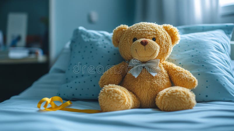Teddy Bear Sitting on Blue Bedding with Ribbon Stock Illustration ...