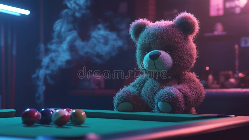 A Teddy Bear Sitting at a Dimly Lit Pool Table in a Cozy Bar on a Quiet ...