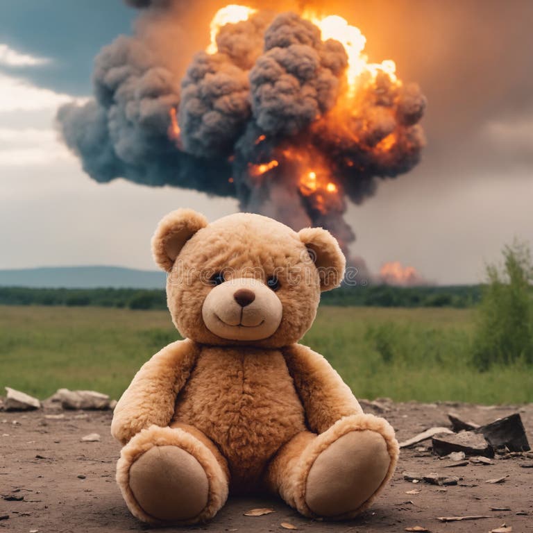 Teddy Bear Sitting on the Ground in Front of a Big Explosion during the ...