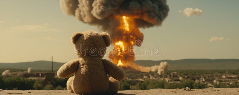 Teddy Bear Sitting on the Ground in Front of a Big Explosion during the ...