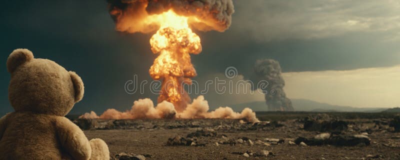Teddy Bear Sitting on the Ground in Front of a Big Explosion during the ...