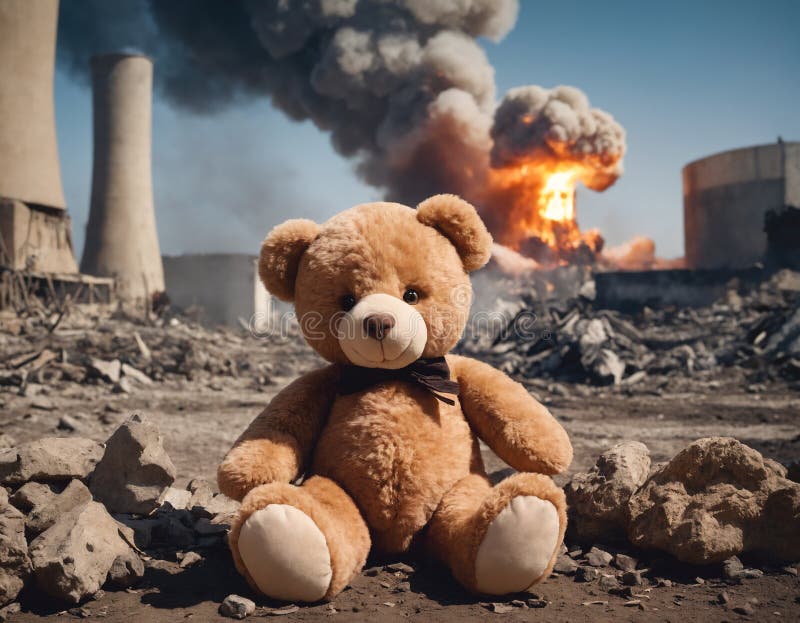 Teddy Bear Sitting on the Ground in Front of a Big Explosion during the ...