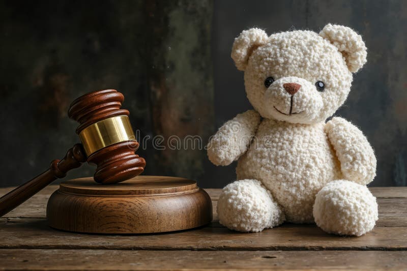 A Teddy Bear Sitting Next To a Wooden Gavel on a Table Stock Image ...