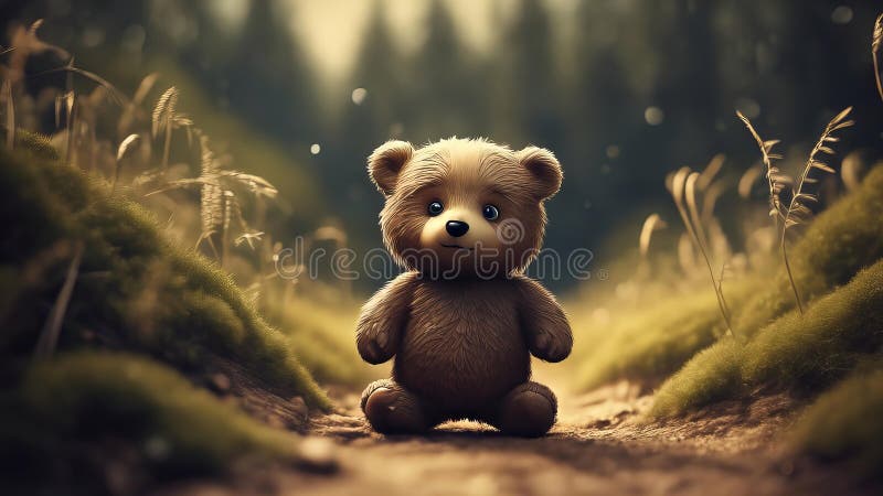 Teddy Bear is Sitting on a Path in a Forest Stock Image - Image of ...