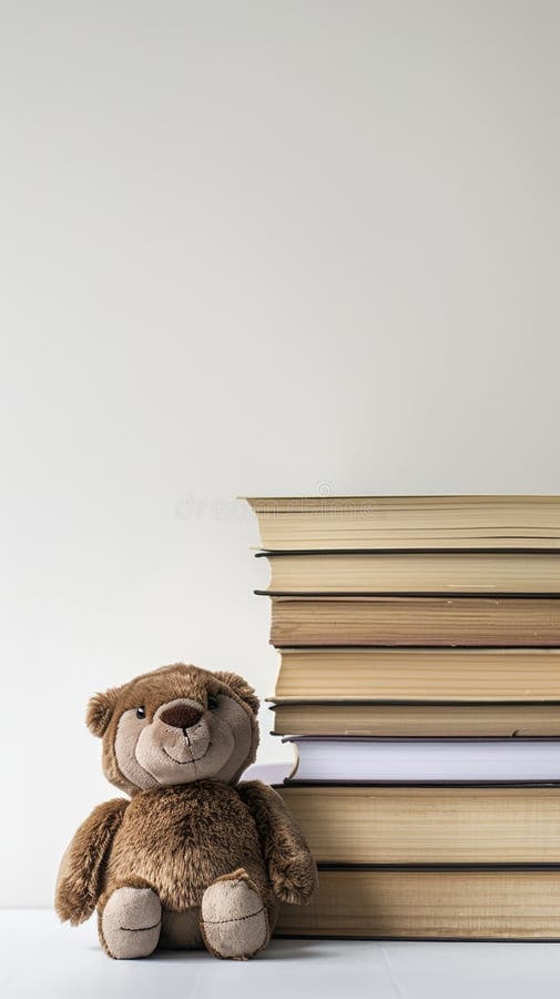 Teddy Bear Sitting with Stack of Books on Light Background Concept Childhood Learning Digital ...