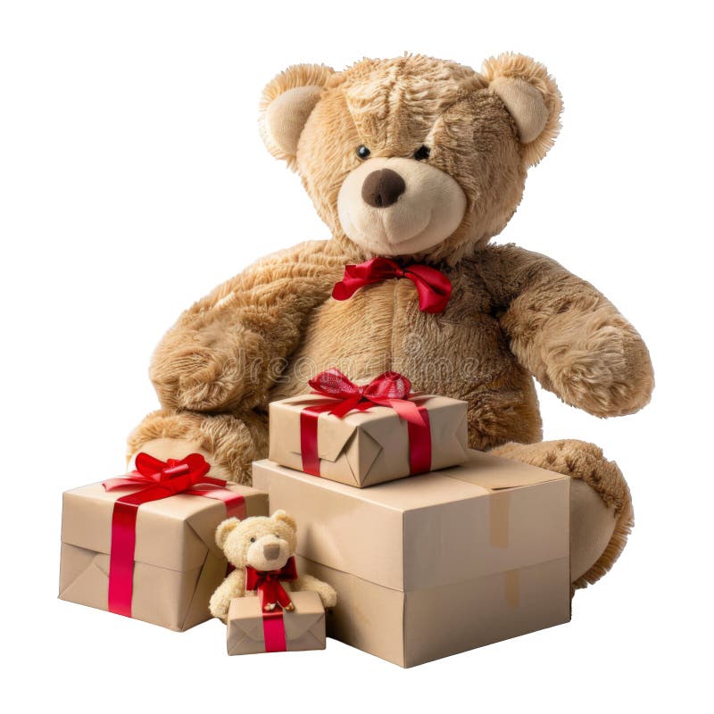 Teddy Bear Sitting on Stack of Gifts with Red Ribbons Stock Photo ...