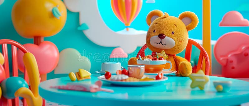 Teddy Bear Sitting at Table with Plate of Food in Front of it Stock ...