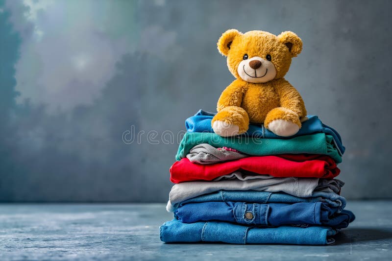 A Teddy Bear Sitting on Top of a Pile of Folded Clothes Stock Photo ...