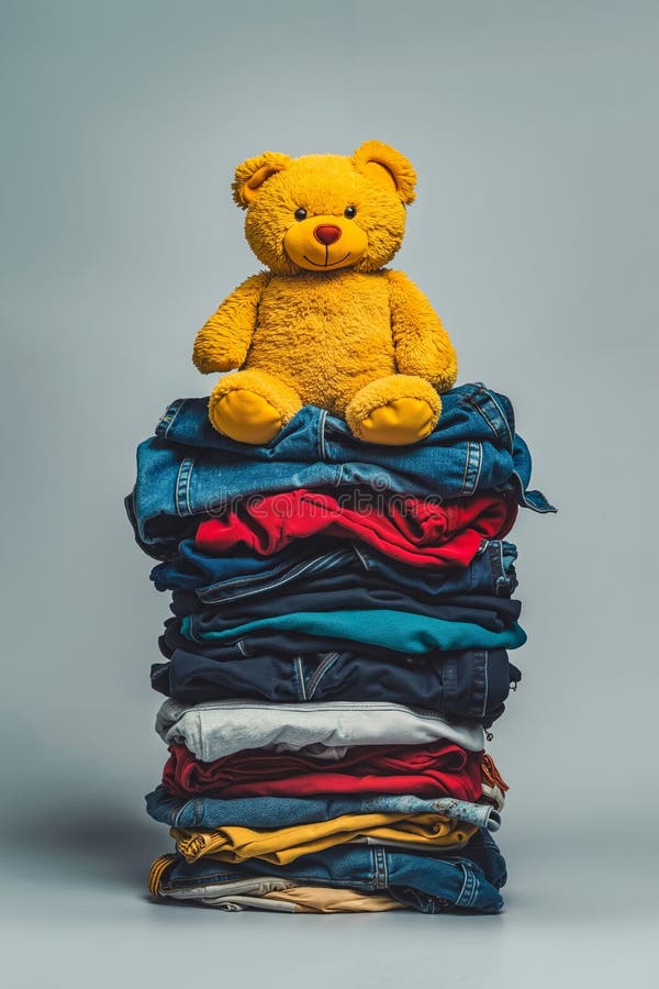 A Teddy Bear Sitting on Top of a Pile of Folded Clothes Stock Image ...
