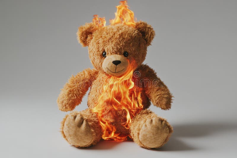 A Teddy Bear is Sitting on a White Background with a Fire Burning on it ...