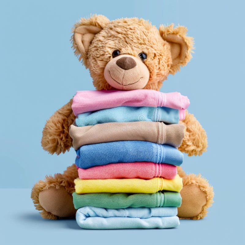 Teddy Bear on Stack of Colorful Towels. Generative Ai Stock ...