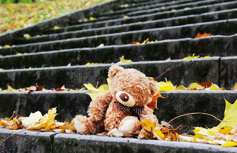 Teddy bear on the stairs stock photo. Image of handmade - 49714242