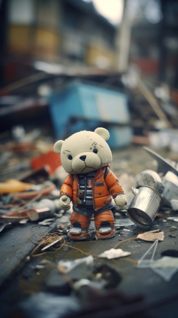 A Teddy Bear Standing in a Pile of Rubble, AI Stock Photo - Image of ...