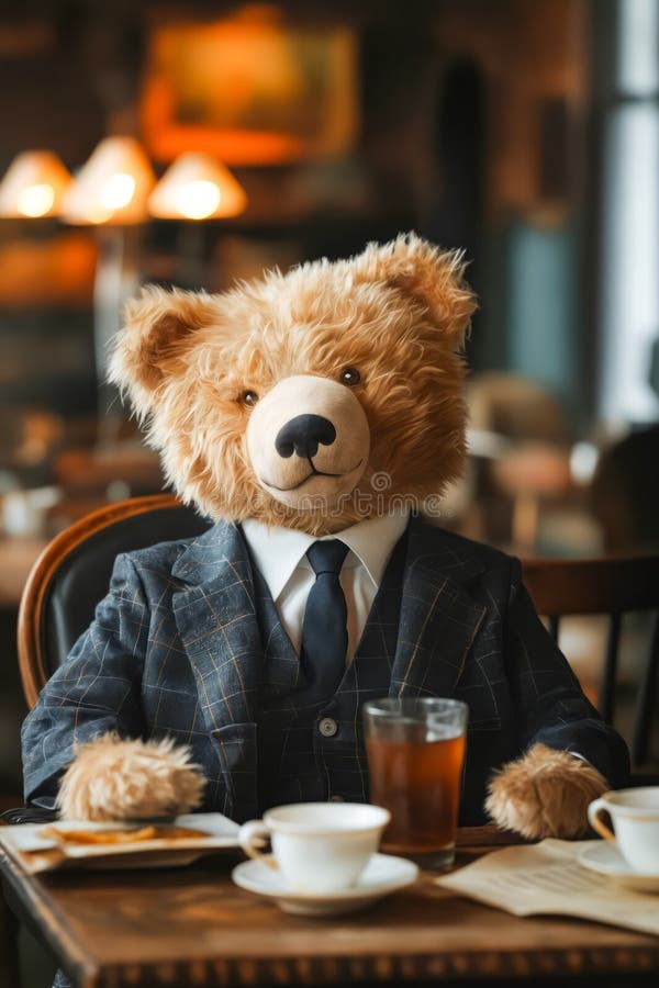 Teddy Bear in Suit Sitting at a Table with a Cup of Tea. Generative AI ...