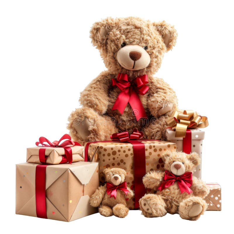 Teddy Bear Surrounded by Presents with Red and Gold Ribbons Stock Image ...