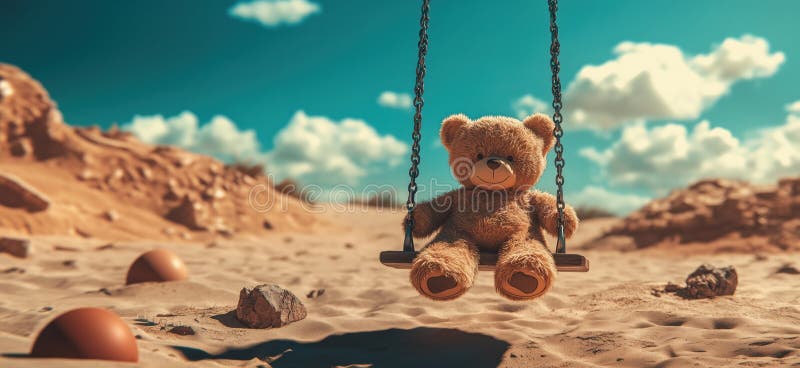 Teddy Bear on Swing in Desert Landscape with Blue Sky and Clouds, Copy ...