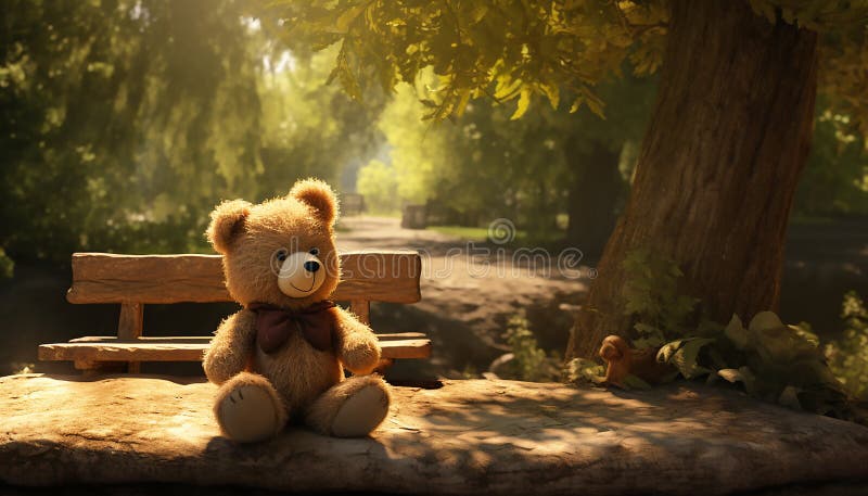 A Teddy Bear Toy, Seated on a Rustic Park Table Stock Illustration ...