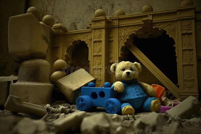 Teddy Bear and Toy Train on the Background of a Fireplace Stock ...