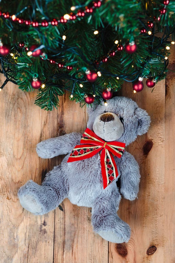 Teddy Bear Under the Christmas Tree Stock Image - Image of wooden ...
